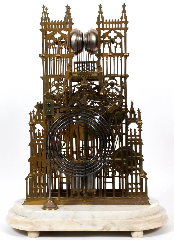 ENGLISH TRIPLE FUSEE BRASS CATHEDRAL SKELETON CLOCK