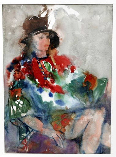 Richard Jerzy Watercolor, Woman Wearing Poncho