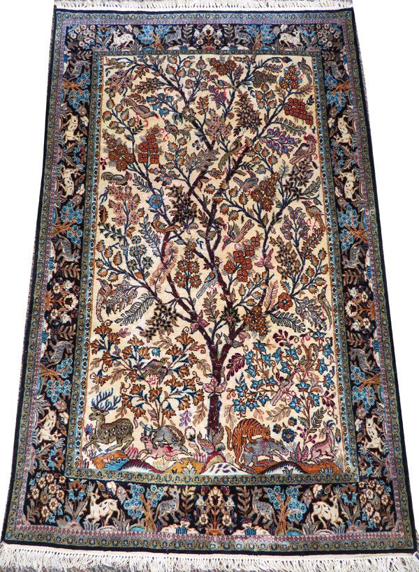 PERSIAN QUM TREE OF LIFE PURE SILK CARPET 1980