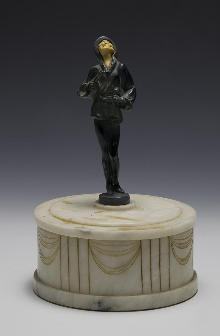 Art Deco Alabaster Powder Box with Spelter Figure