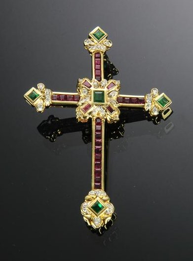 18K Gold, Ruby, Diamond and Emerald Cross Pendant