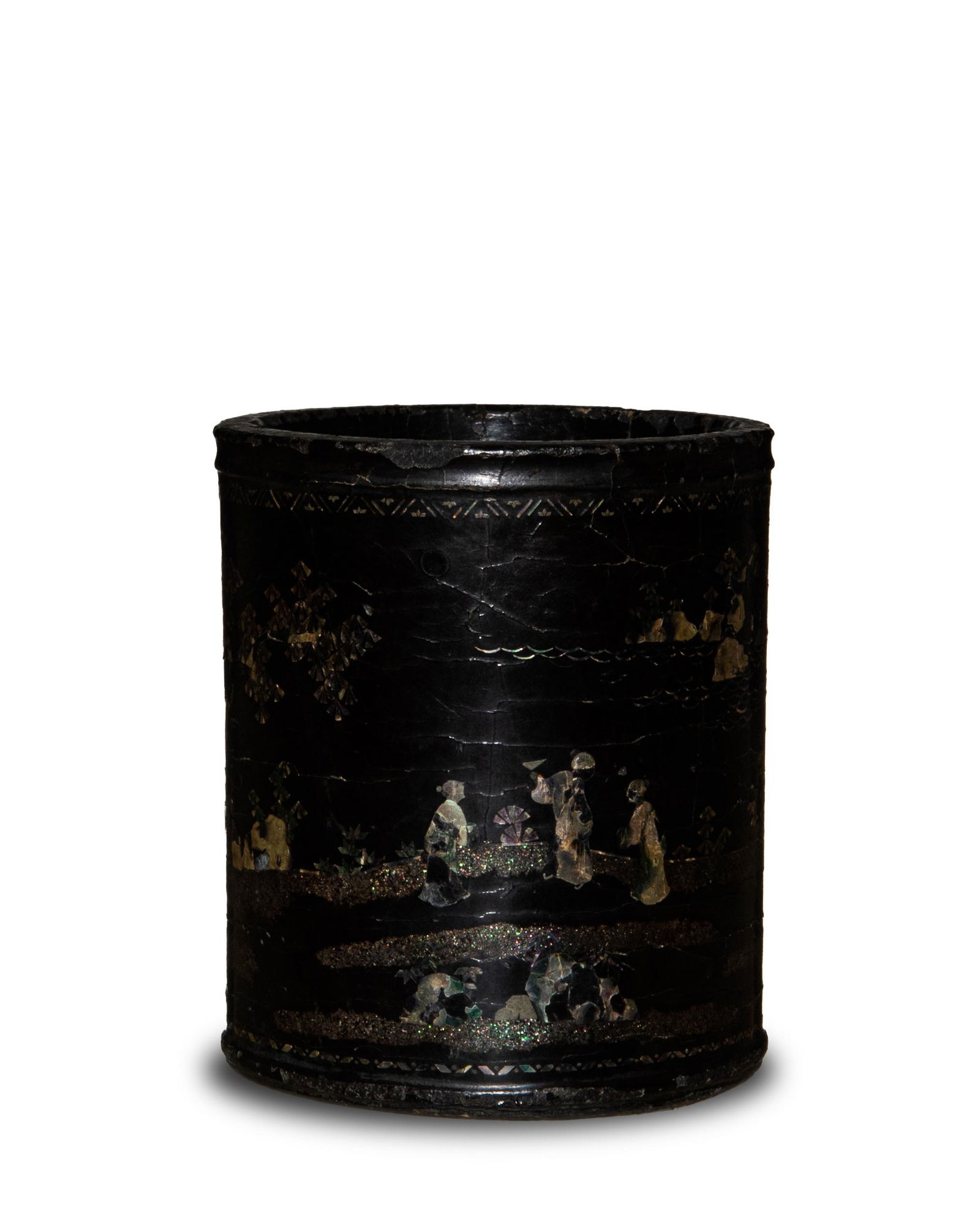 Chinese Lacquer Brush Pot With Inlay, Early Qing