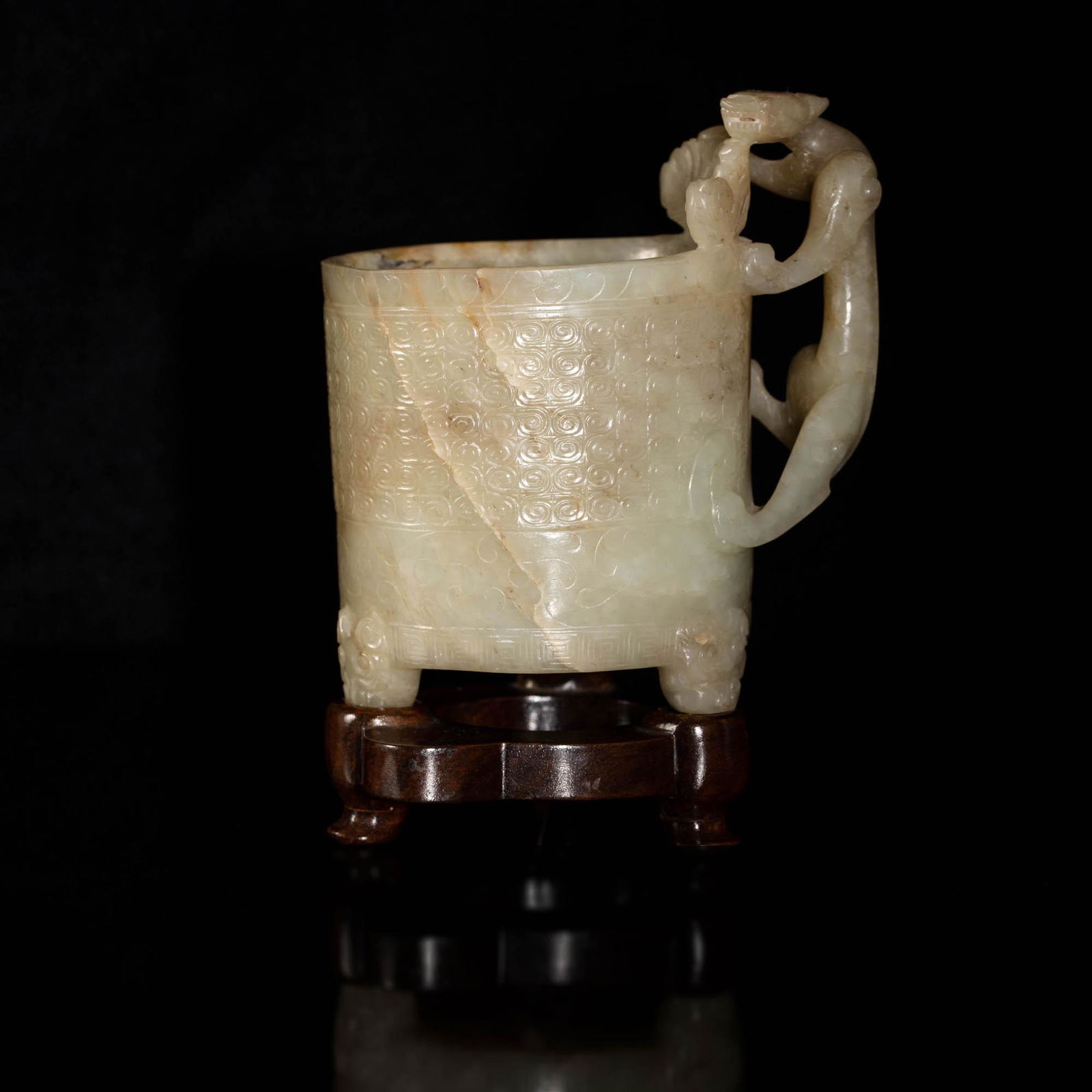 A Chinese Han Style Carved Jade Cup With Chilong Handle, Ming Dynasty