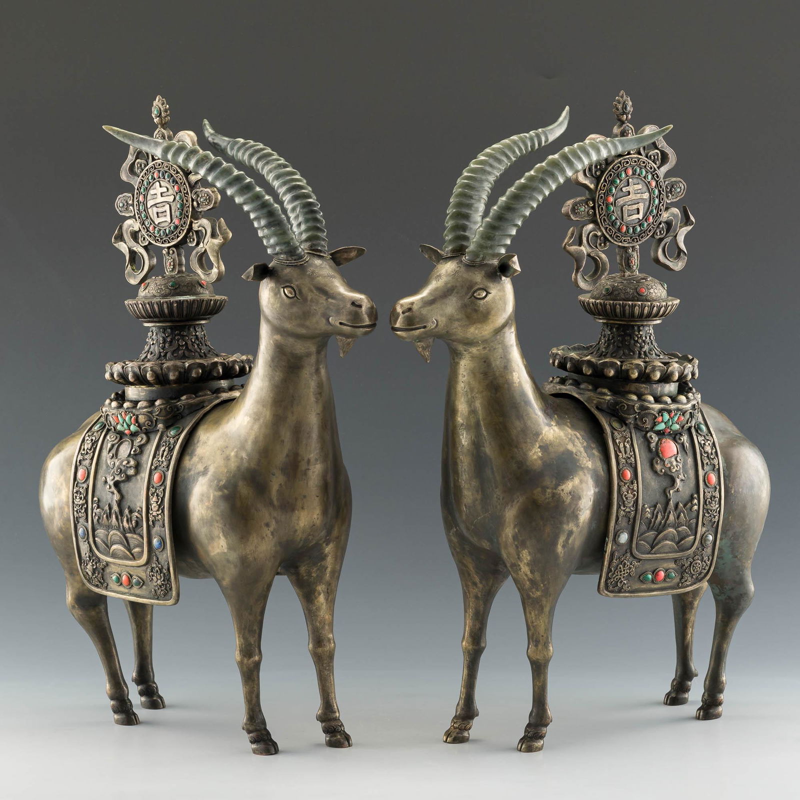 A Pair Of Chinese Silver Goats Inlaid With Precious Stones, Republic Period