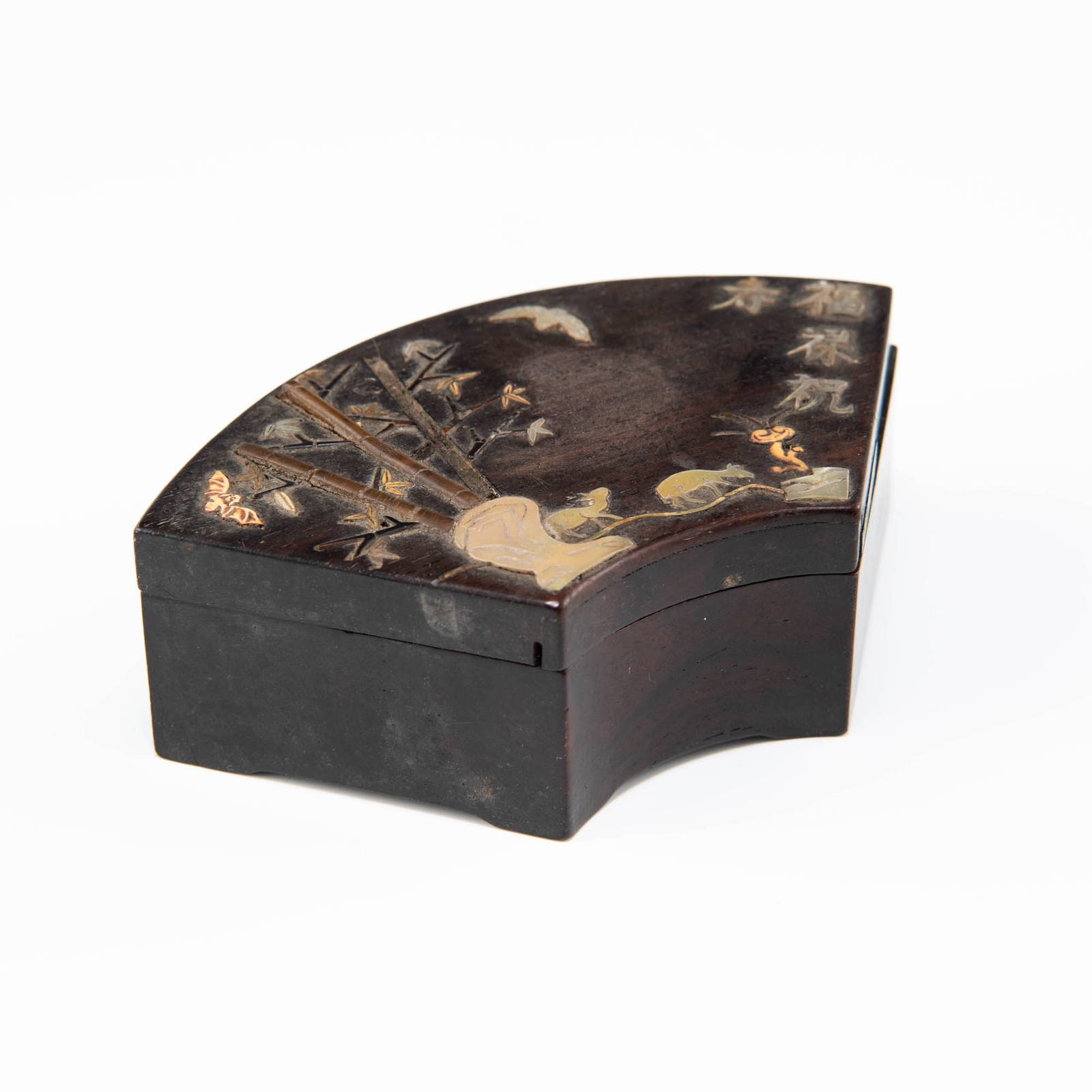 A Chinese Fan-form Zitan Box With Precious Stone Inlay, 19th Century ...