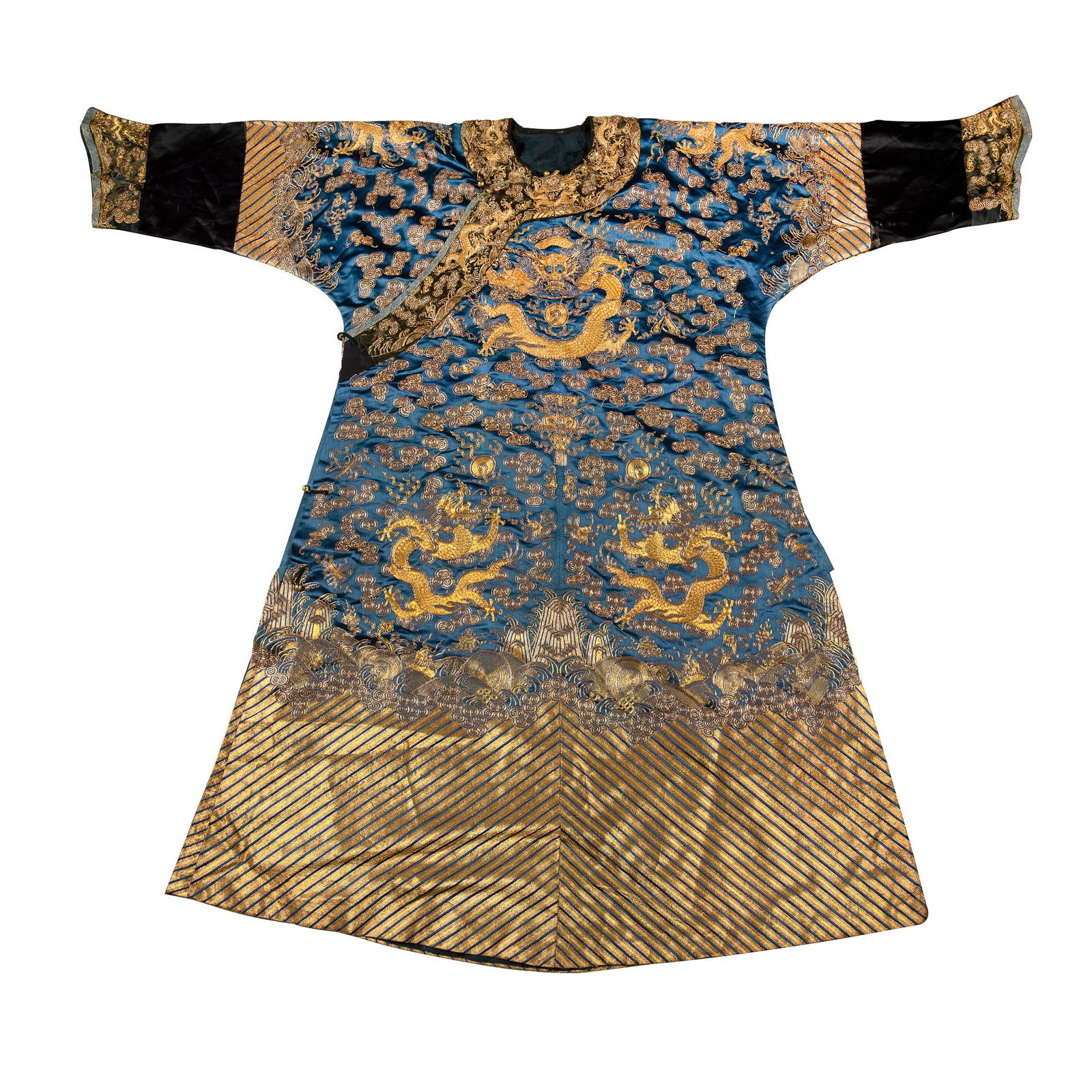 A Chinese Blue-ground Goldwork Embroidered Dragon Robe, 19th Century ...