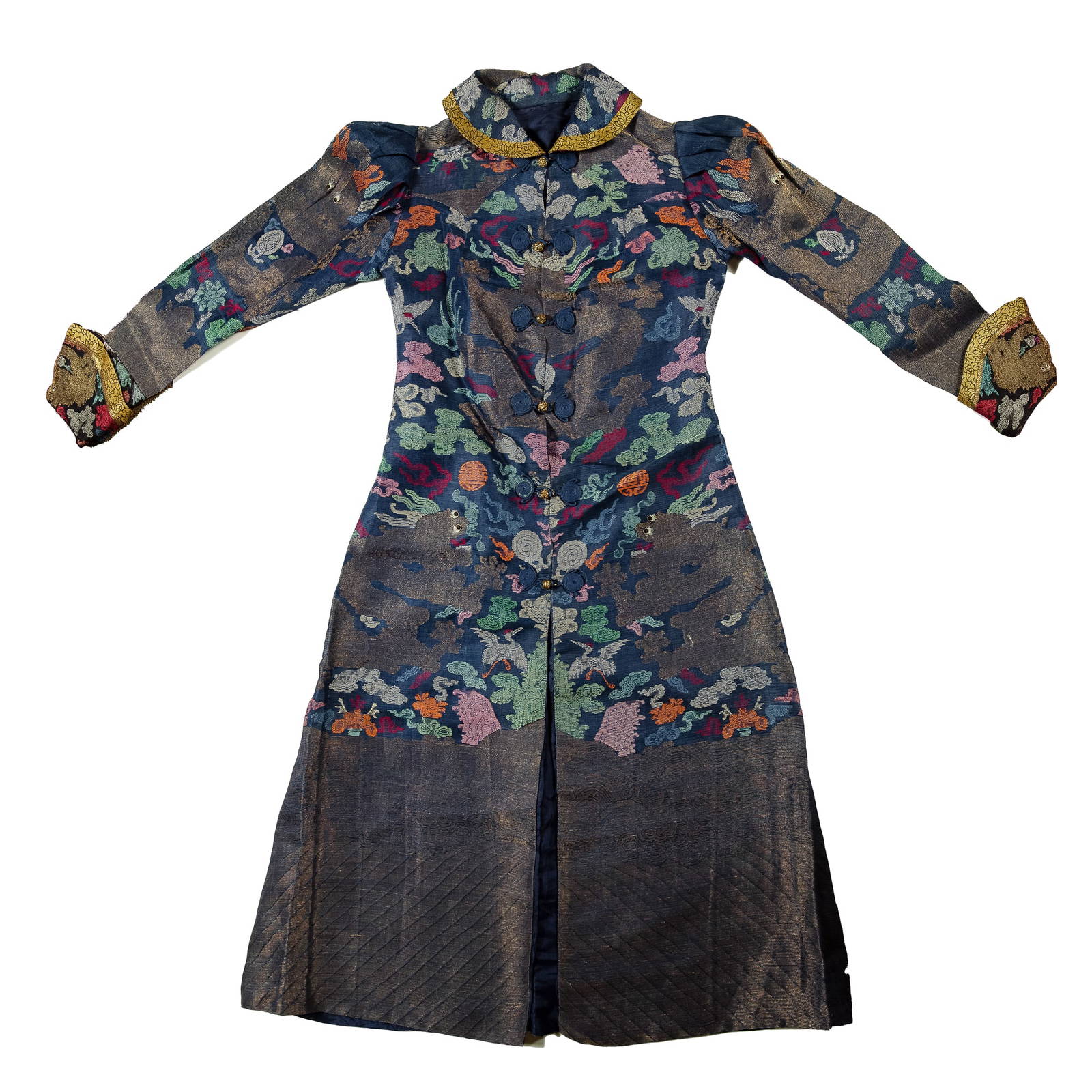 A Chinese Blue-ground Damask Coat With Dragons, 19th Century Auction