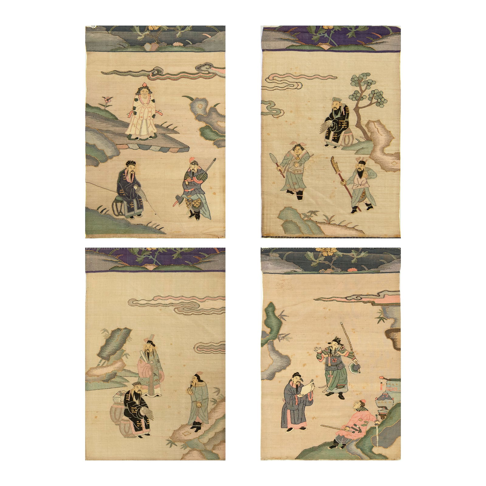 Four Chinese Kesi Panels With Warrior Scenes, 19th Century Auction