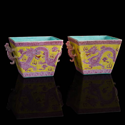 A Pair Of Chinese Yellow Ground Ruby Red 'dragon' Square Cups, Republic ...