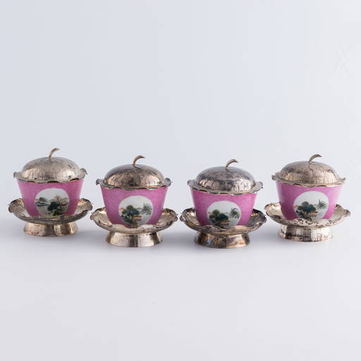 Four Chinese Ruby Red Ground Famille Rose Cups, Republic Period