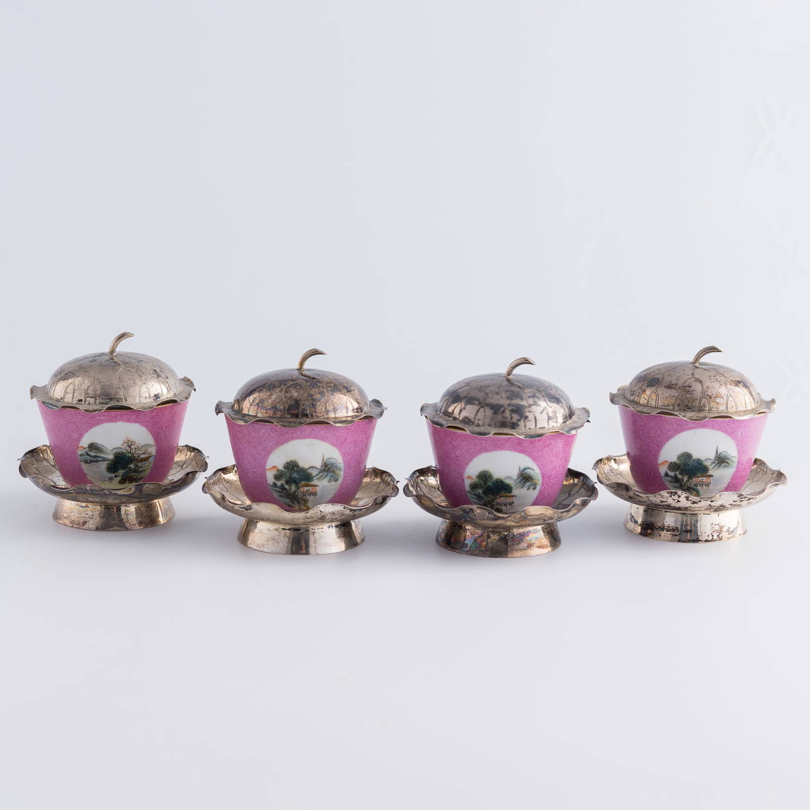 Four Chinese Ruby Red-ground Famille Rose Cups, Republic Period Auction