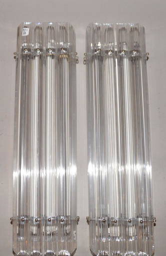 Pair Wall Mounted Reeded Lucite Light Fixtures, 28"l X
