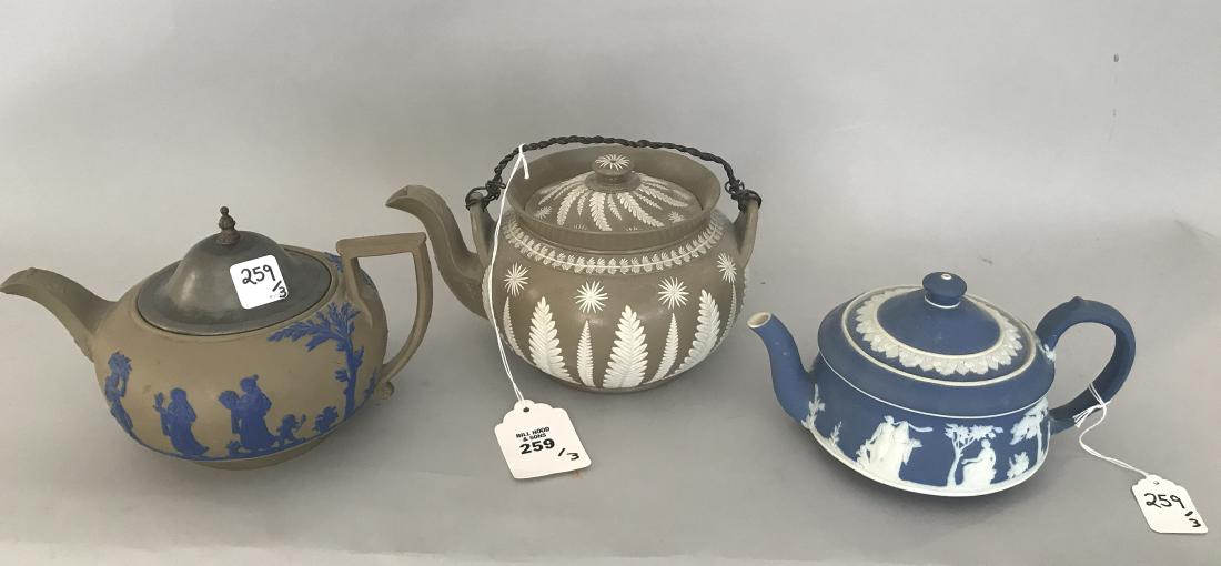 3 Wedgwood Teapots, 1 White Decoration On Beige Ground