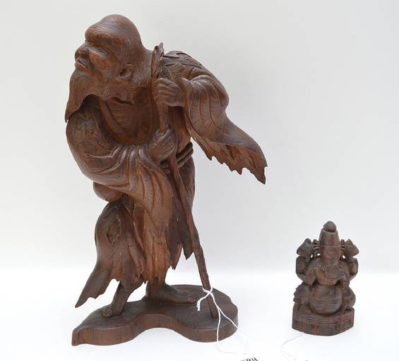 Two Antique Japanese Wood Carvings. Man With Staff Ht.
