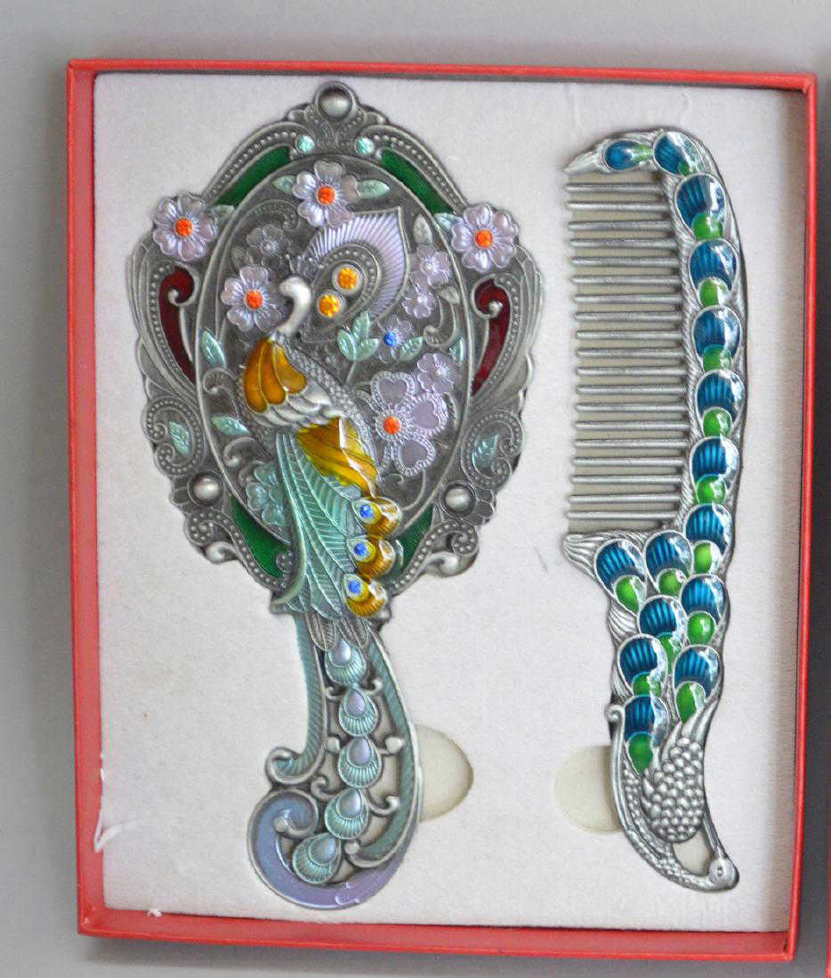 Maniya Peacock Enameled Mirror And Comb Set