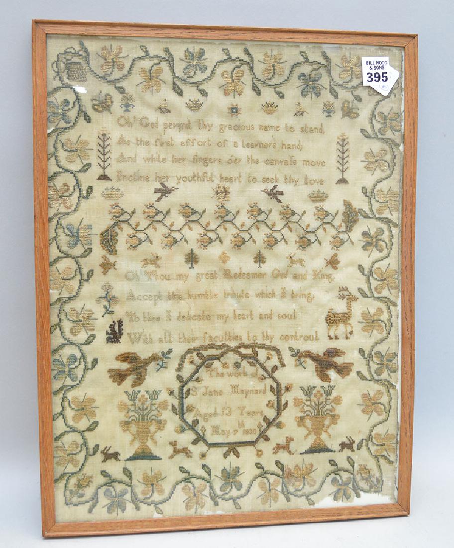 English sampler, Jane Maynard, dated 1830, silk (worn