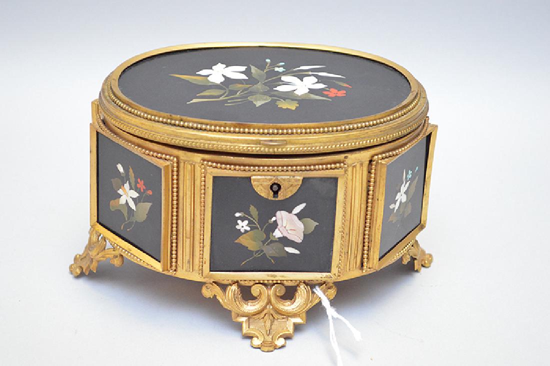 Gilt Metal & Pietra Dura 6 Sided Box. Signed Guttin on