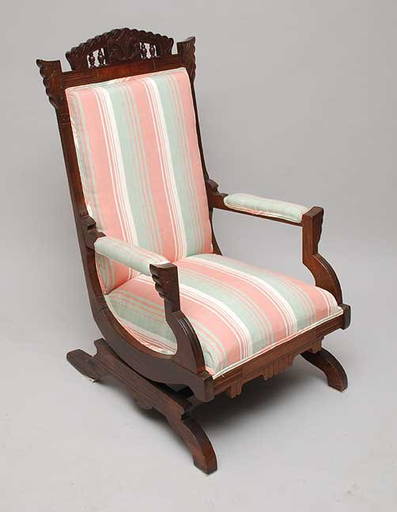 Antique Platform Rocker With Striped Upholstery