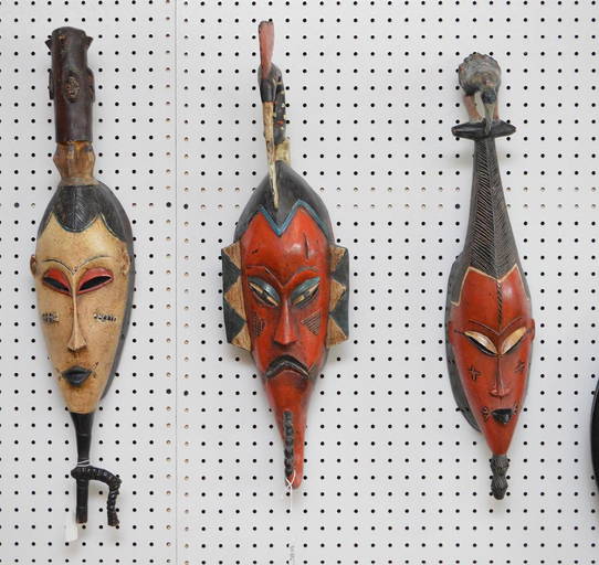 3 Vintage African Ivory Coast Hand Carved Wood Masks,