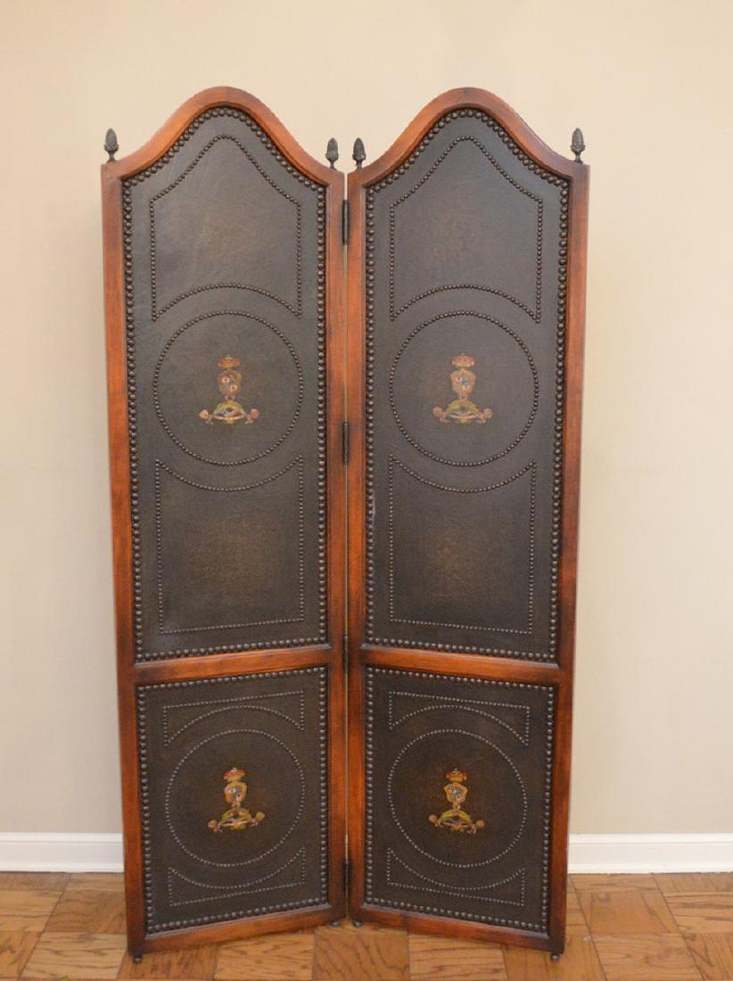 2 panel screen, leather with armorial design & brass