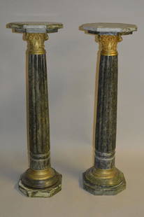 Pair Green Reeded Marble Pedestals With Bronze Capitals