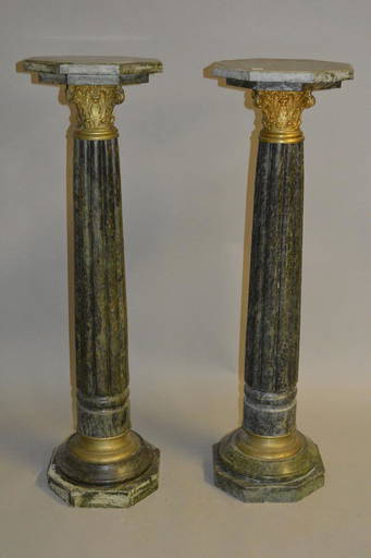 Pair Green Reeded Marble Pedestals With Bronze Capitals