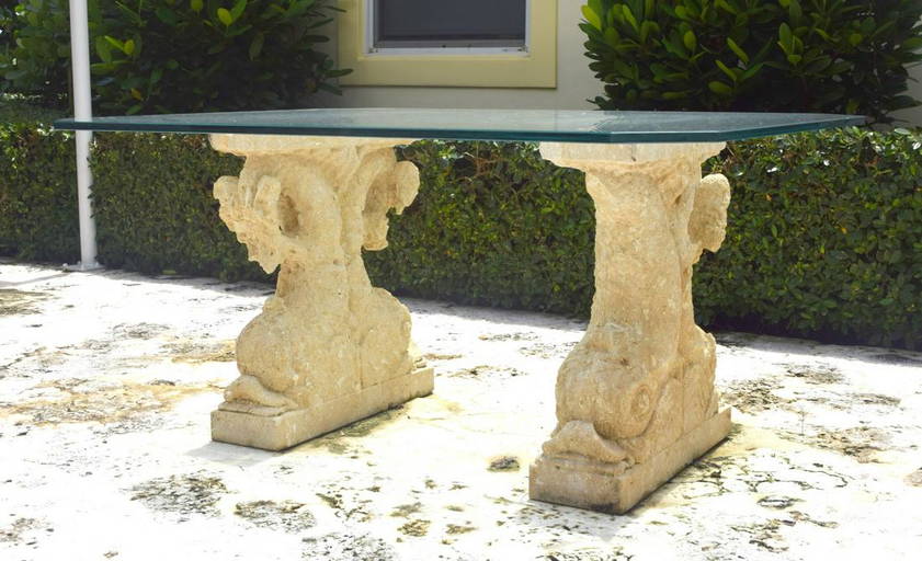 Pair Cement Dolphin Patio Table Bases Sold With Glass