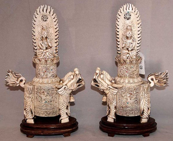 37: Pair of ivory Foo dogs, 14"h x 10"L