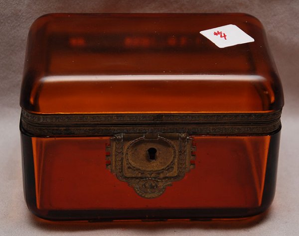 Amber Glass Hinged Box, 6 1/2"l X 4"h X 4"w