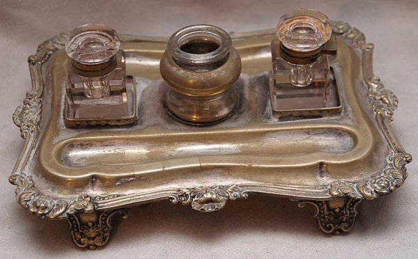 Antique Ink Stand And Desk Set, Brass And Crystal,