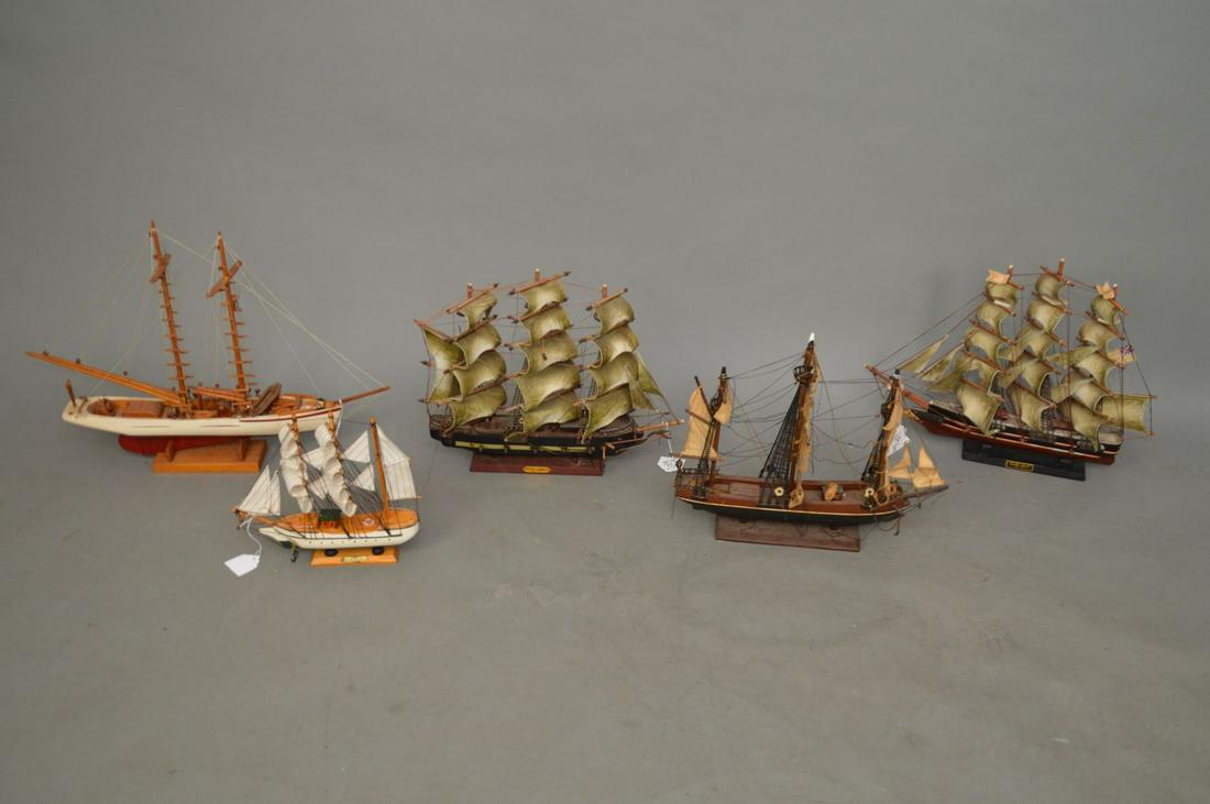Five Wood Sailing Ship Models A Red & White Sailboat