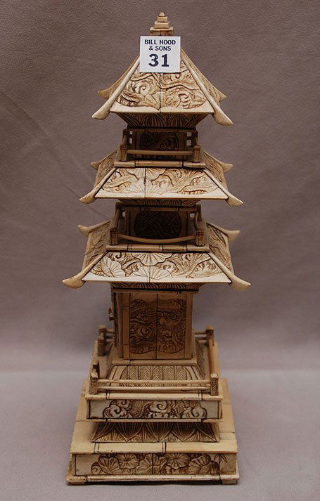 31: Ivory Carved 3 tier Pagoda, 12"h