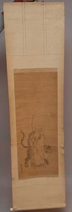 88: Antique Chinese Scroll. Man with Tiger, signed. 70"