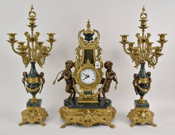 3 Piece Italian Brevettato Brass & Marble Clock
