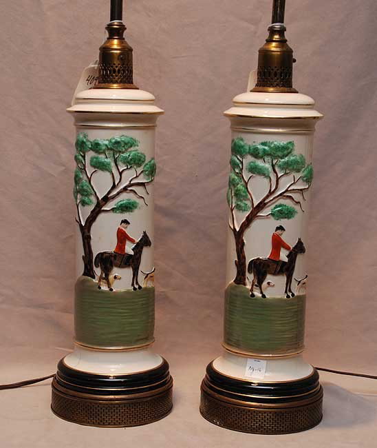 409: Pair of porcelain fox hunt scene lamps, 32"h