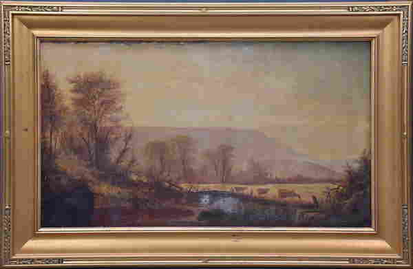 19th Century Hudson River School oil on canvas, landscape w/ Cows ...