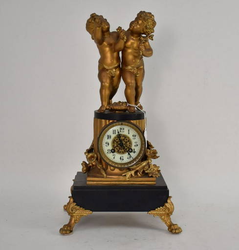 Antique Gilt & Slate Figural Putti Mantel Clock - A gilt metal columned ...