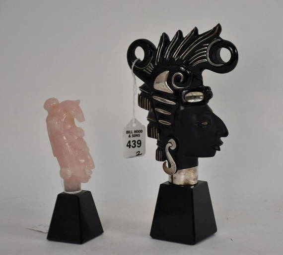 Two Head of Pakal Maya Ruler Figures, Rose Quartz & Obsidian - Mexico ...