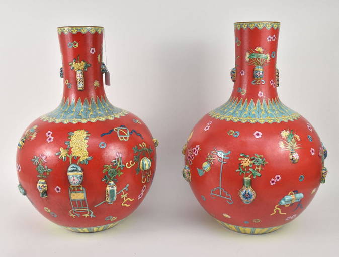 Pair Large Chinese 'sacred Objects' Red Ground Enameled Vases A Pair Of ...