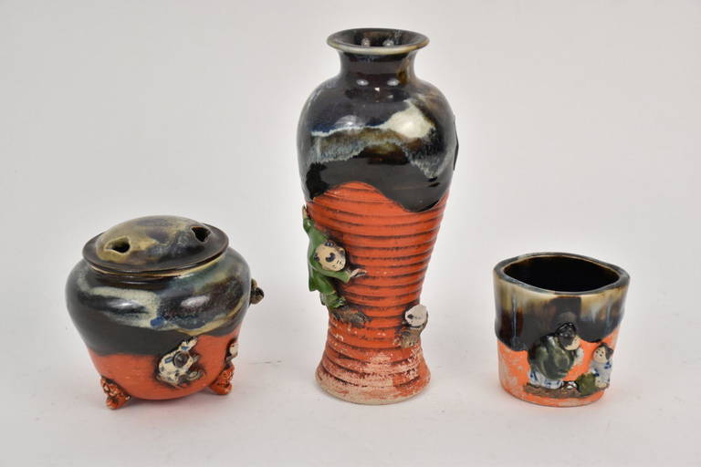 3pcs. Sumida Pottery, Vase, Incense and Cup, 7 1/2"h tallest, 2 1/2 ...