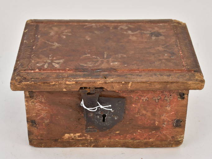 17th Century Italian Painted Wood Strong Box, H. 5 x L. 10 x W. 7 1/4 ...