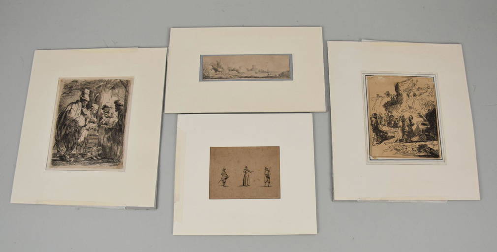 Lot of Four Antique Etchings, Two by Callot and Two After Rembrandt ...