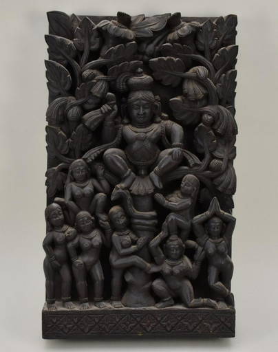 Antique Hindu Carved Wood Figural Relief Panel - Dark wood panel with ...