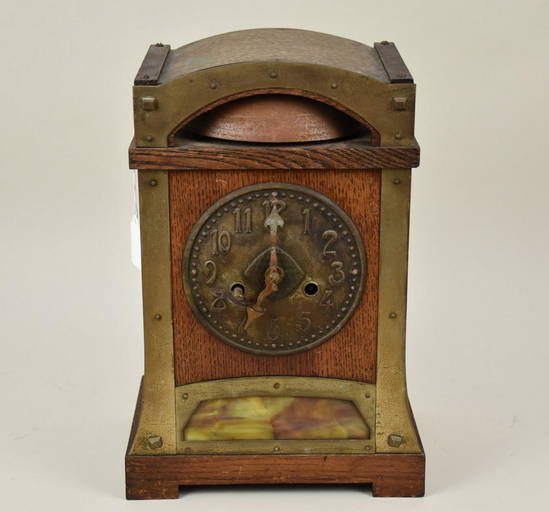 Antique Hac German Arts & Crafts Oak, Brass, And Glass Mantel Clock C ...