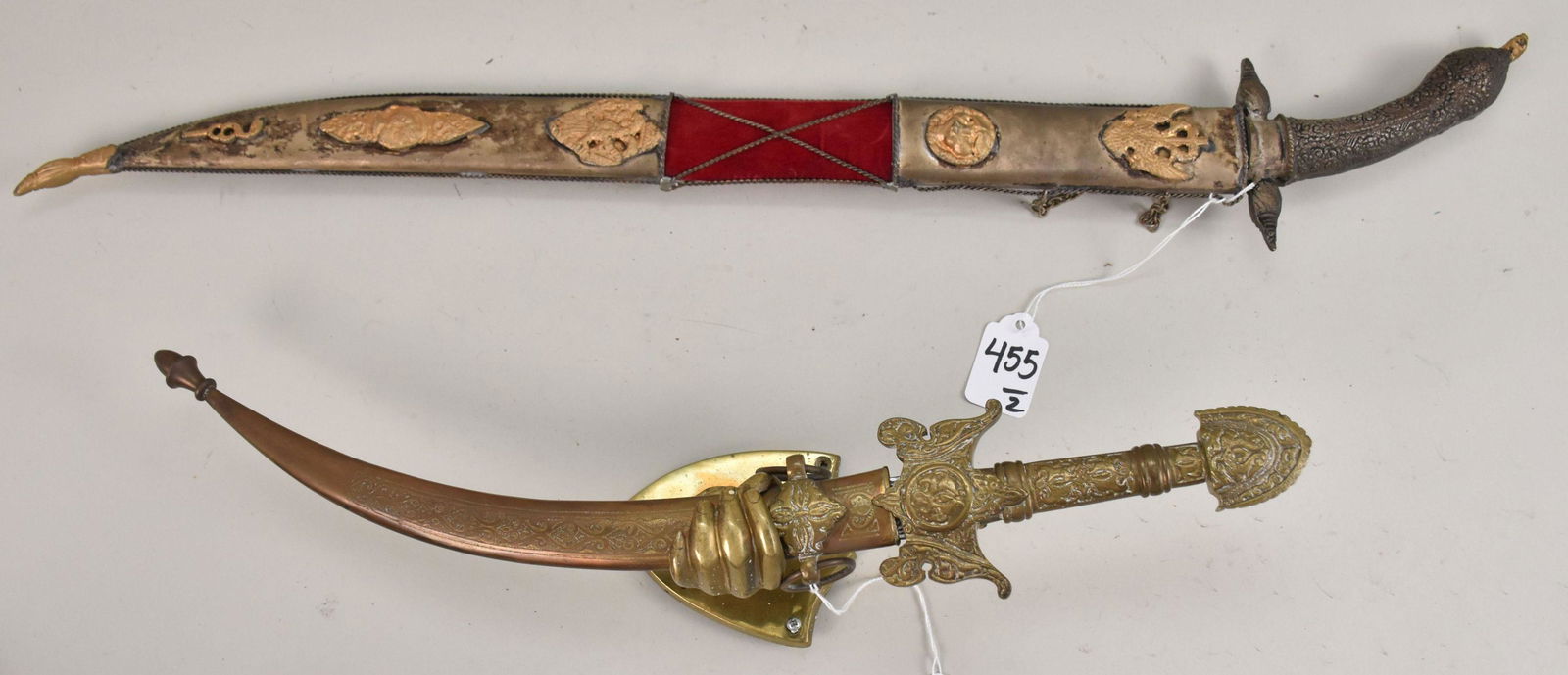 Spanish Curved Blade Dagger With Brass Wall Mount Fist Together With ...