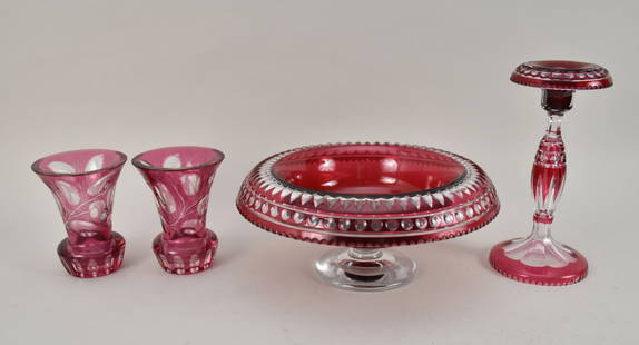 4pc. Assorted Bohemian Cranberry Glass, Cranberry Cut To Clear Pedestal ...