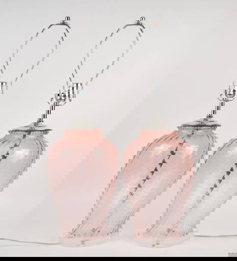 Pair Pink Glass Lamps On Lucite Bases