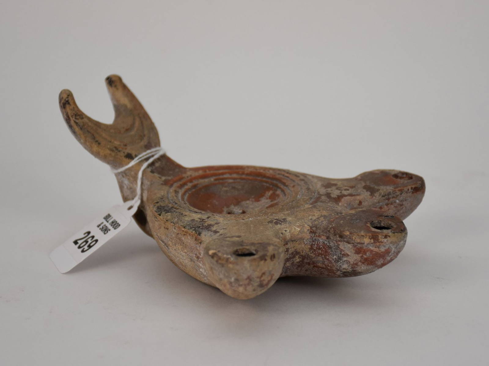 Roman Three-spout Oil Lamp Crescent Moon Handle, C. 1st-3rd Century Ad ...