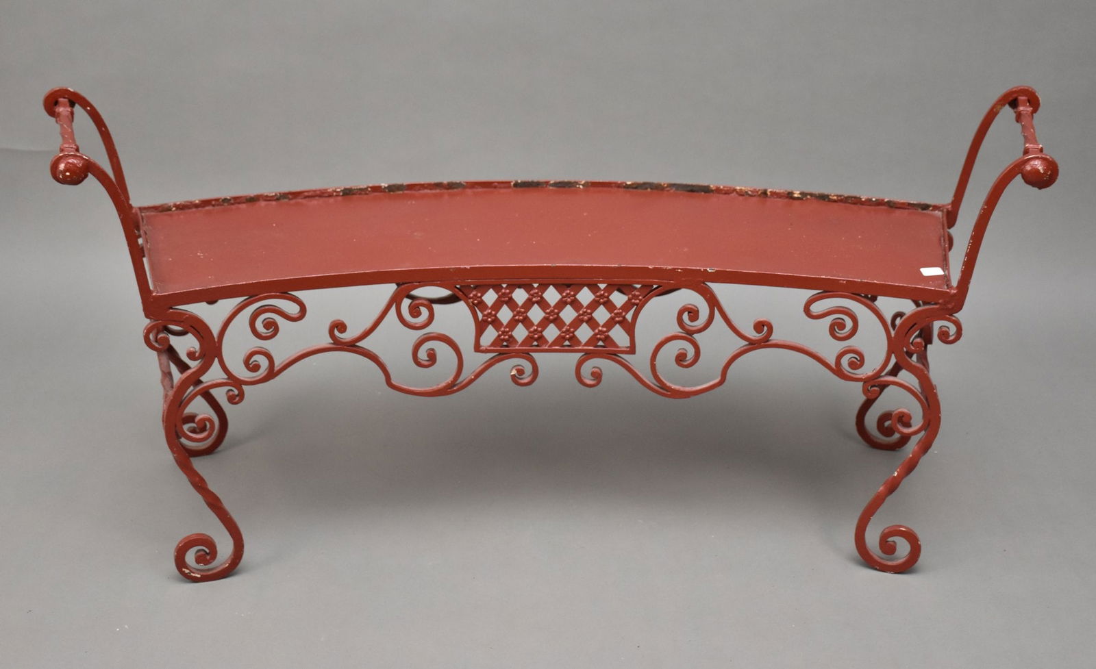 Painted Red Iron Garden Bench, Slightly Curved Fancy Scrolling, 22h X ...