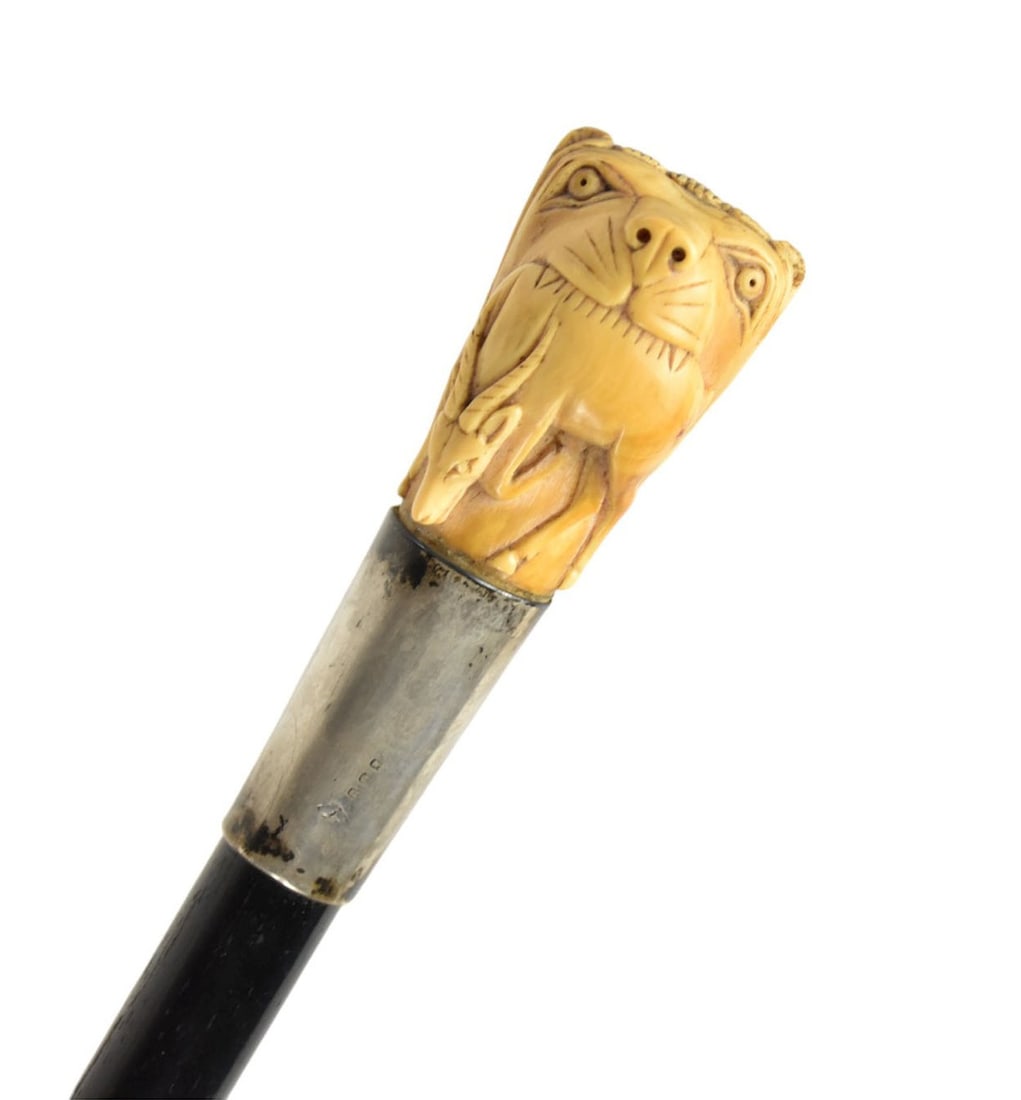 English Walking Stick With Carved Lion Head & Sterling Collar - C. 1918 ...